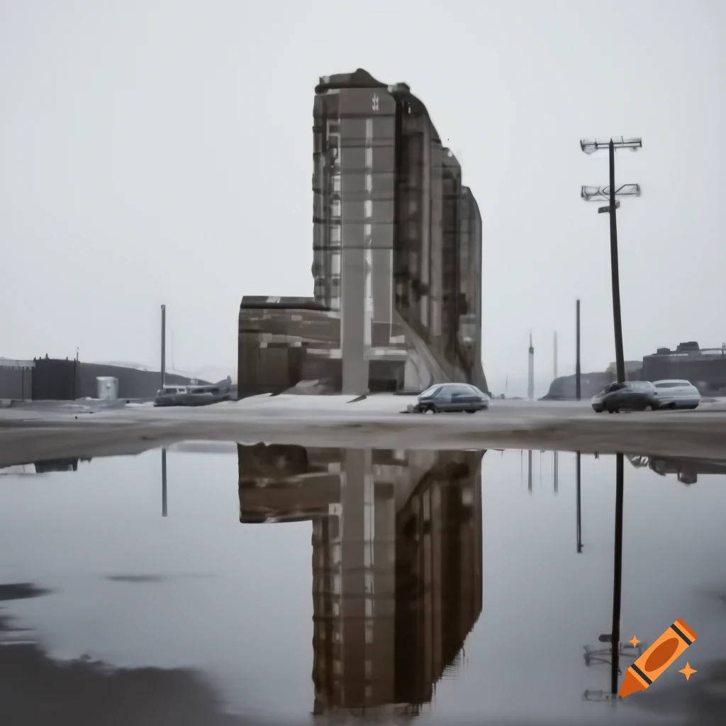 Isolated building surrounded by snow and puddles under grey sky on Craiyon