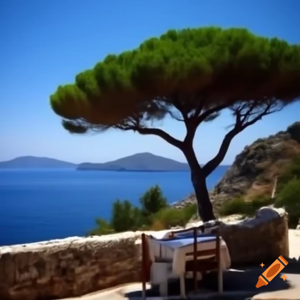 Seaside view of Mediterranean pine trees under sunshine in Greek ...