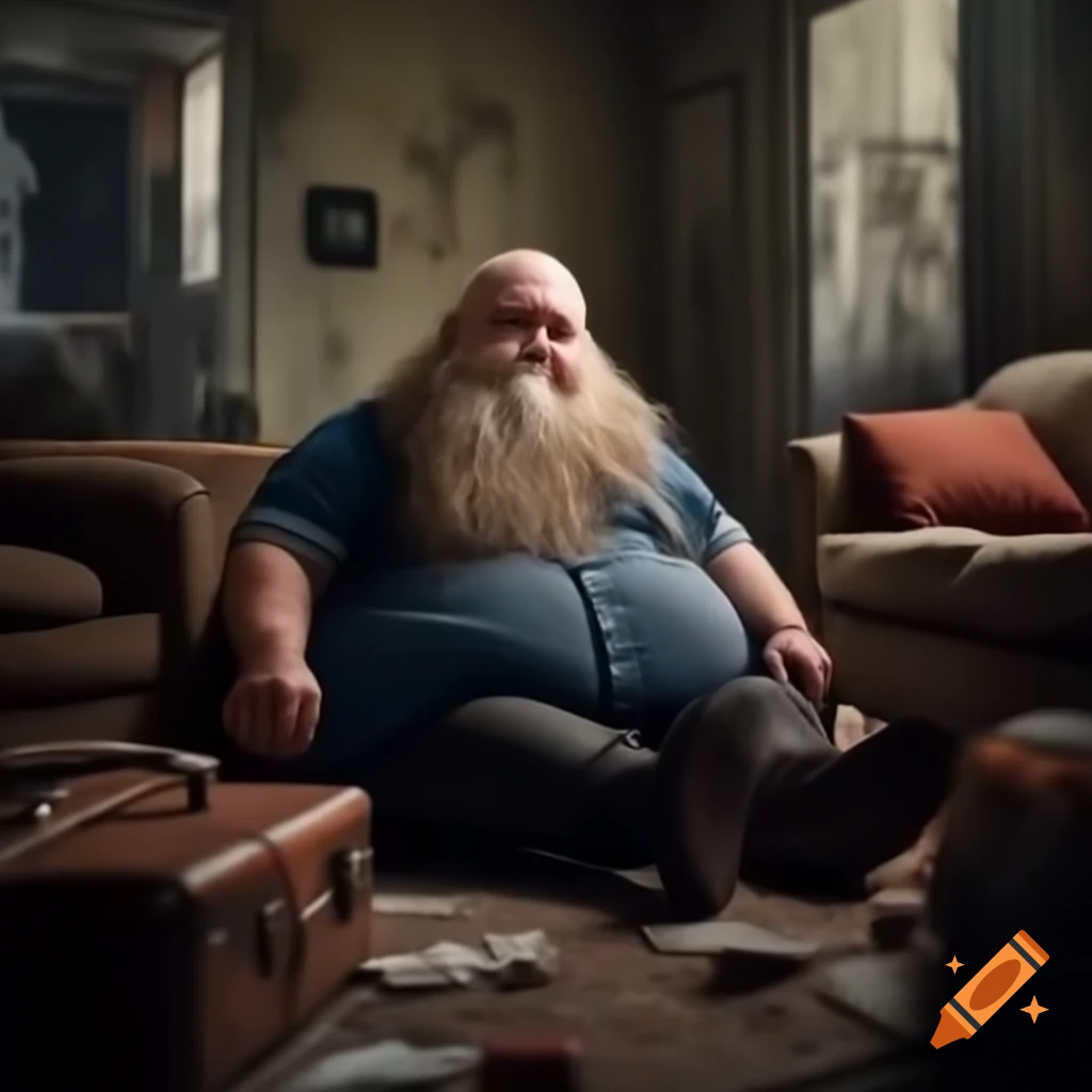 Man in dilapidated living room surrounded by empty suitcases on Craiyon
