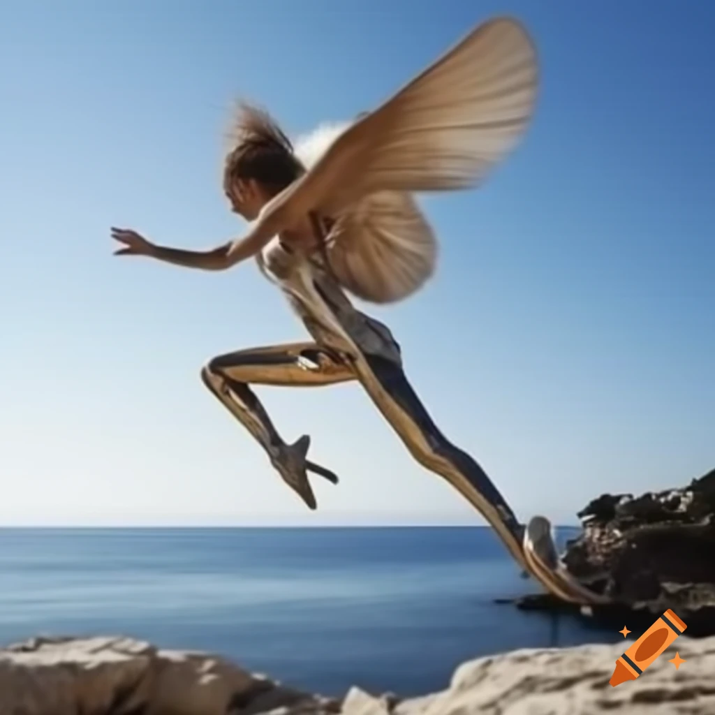 Supermodel with metallic features jumping by seaside with Mediterranean ...