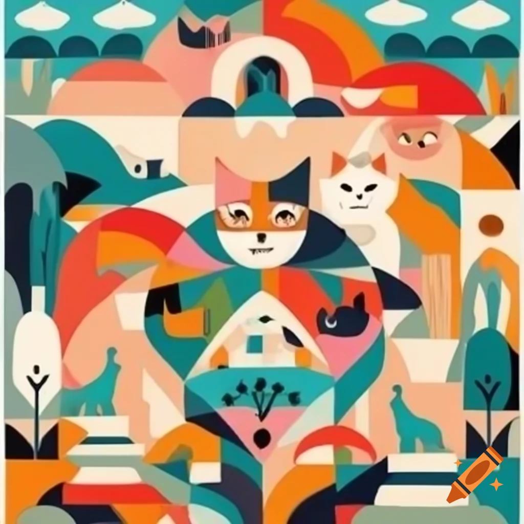 Abstract tapestry of geometric forms revealing feline essence of cats ...