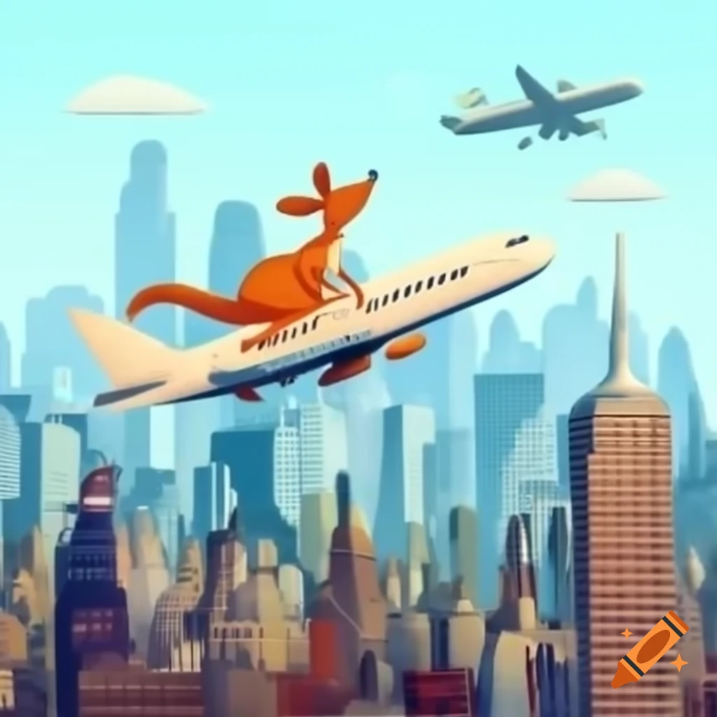 Cartoon kangaroo riding on top of plane heading to New York City on Craiyon