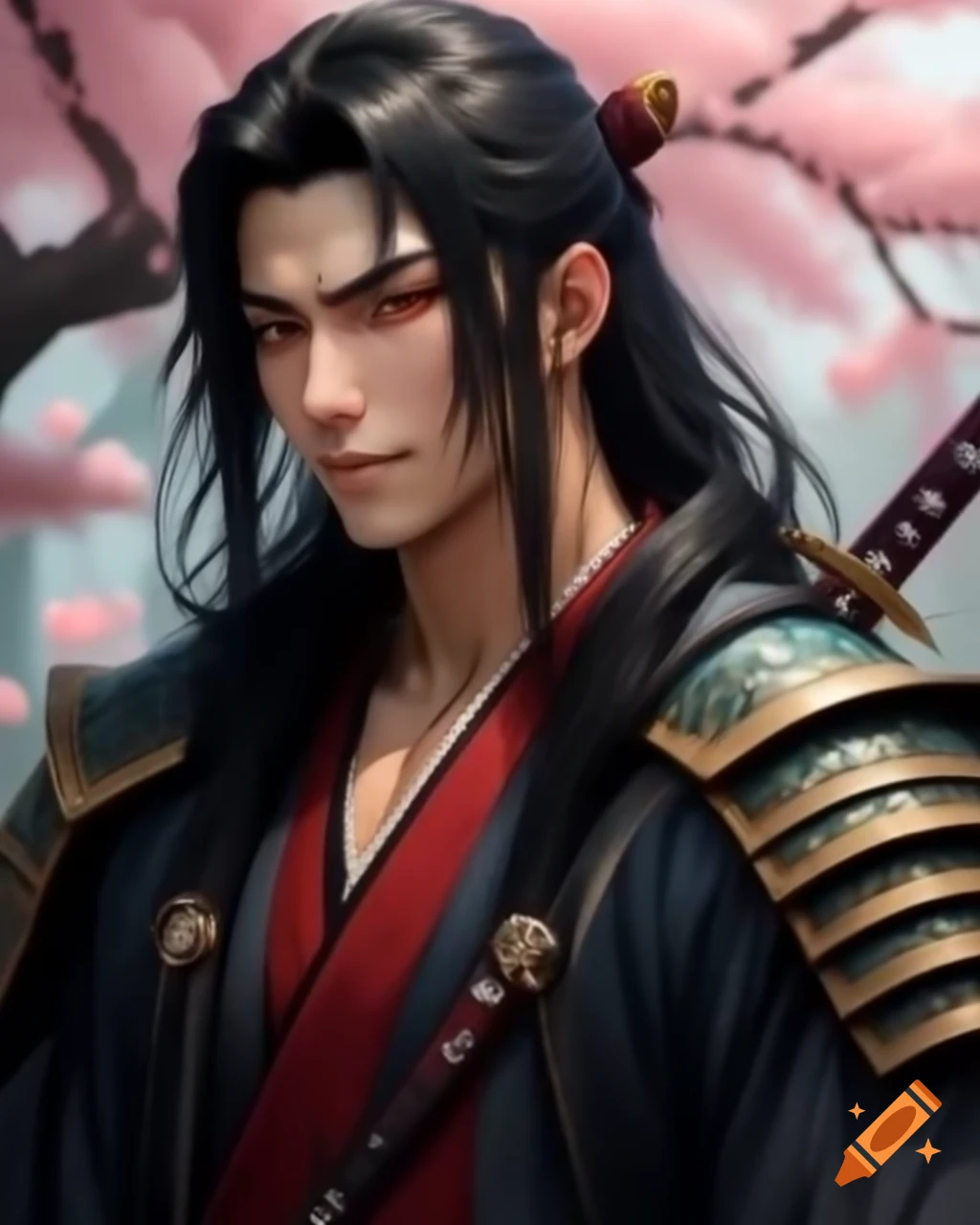 Samurai in armor with flowery katana surrounded by Sakura trees on Craiyon