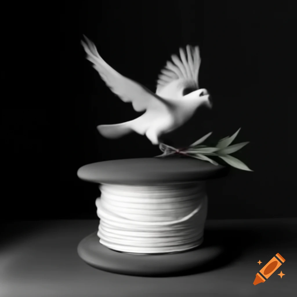 Monochrome peace symbol with dove on spool of thread carrying olive ...