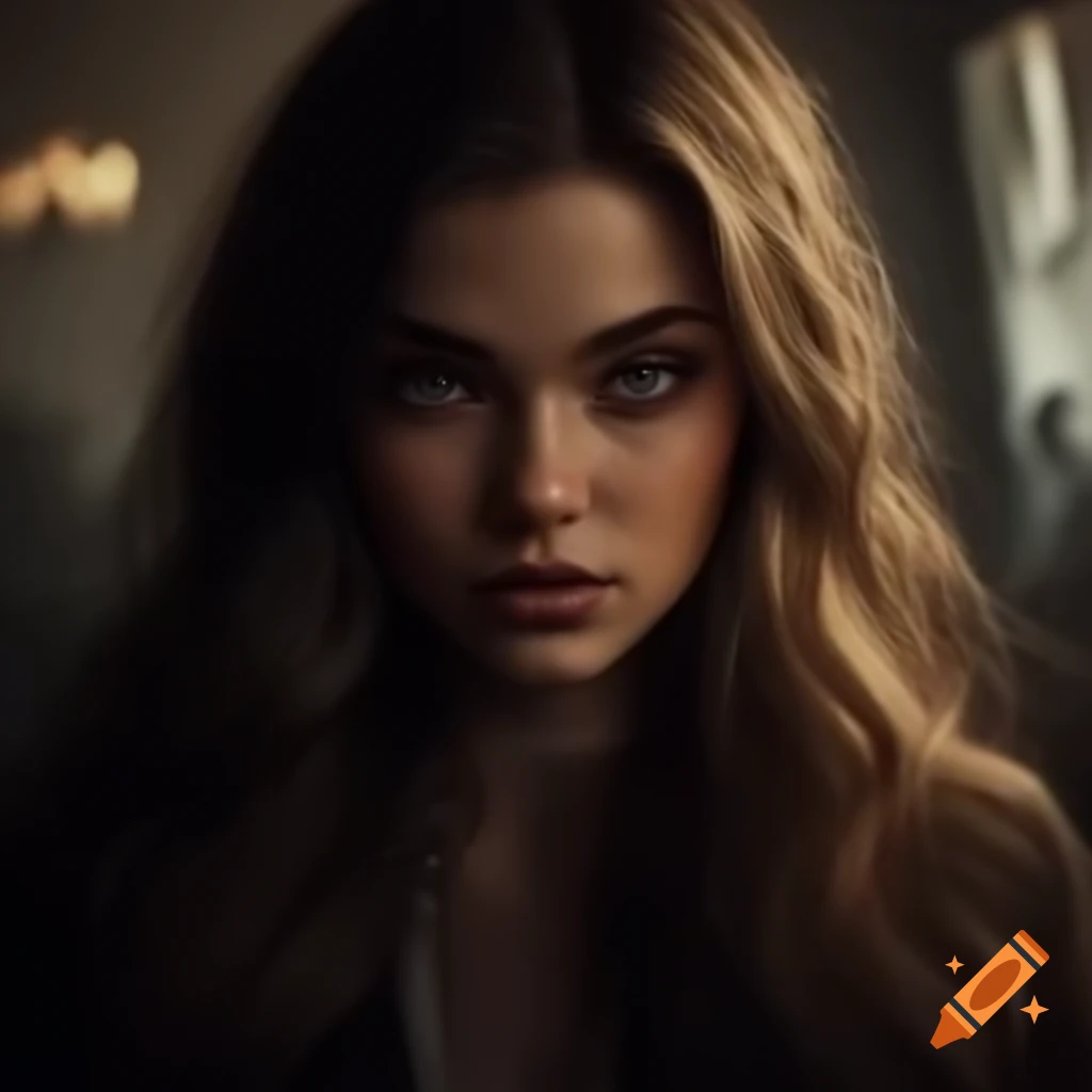 Young woman with long black hair as a mafia boss, featuring scars on ...