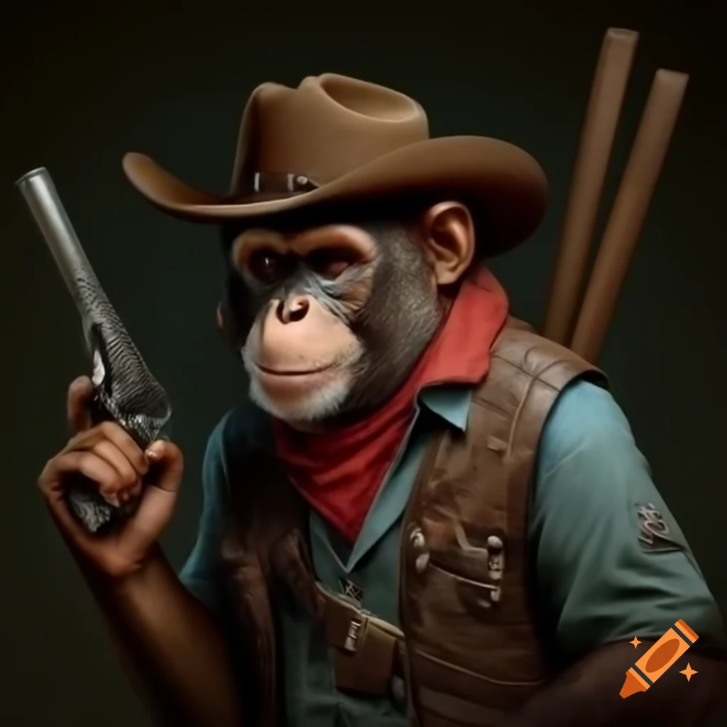 Monkey in cowboy hat and vest holding revolver and dynamite on Craiyon