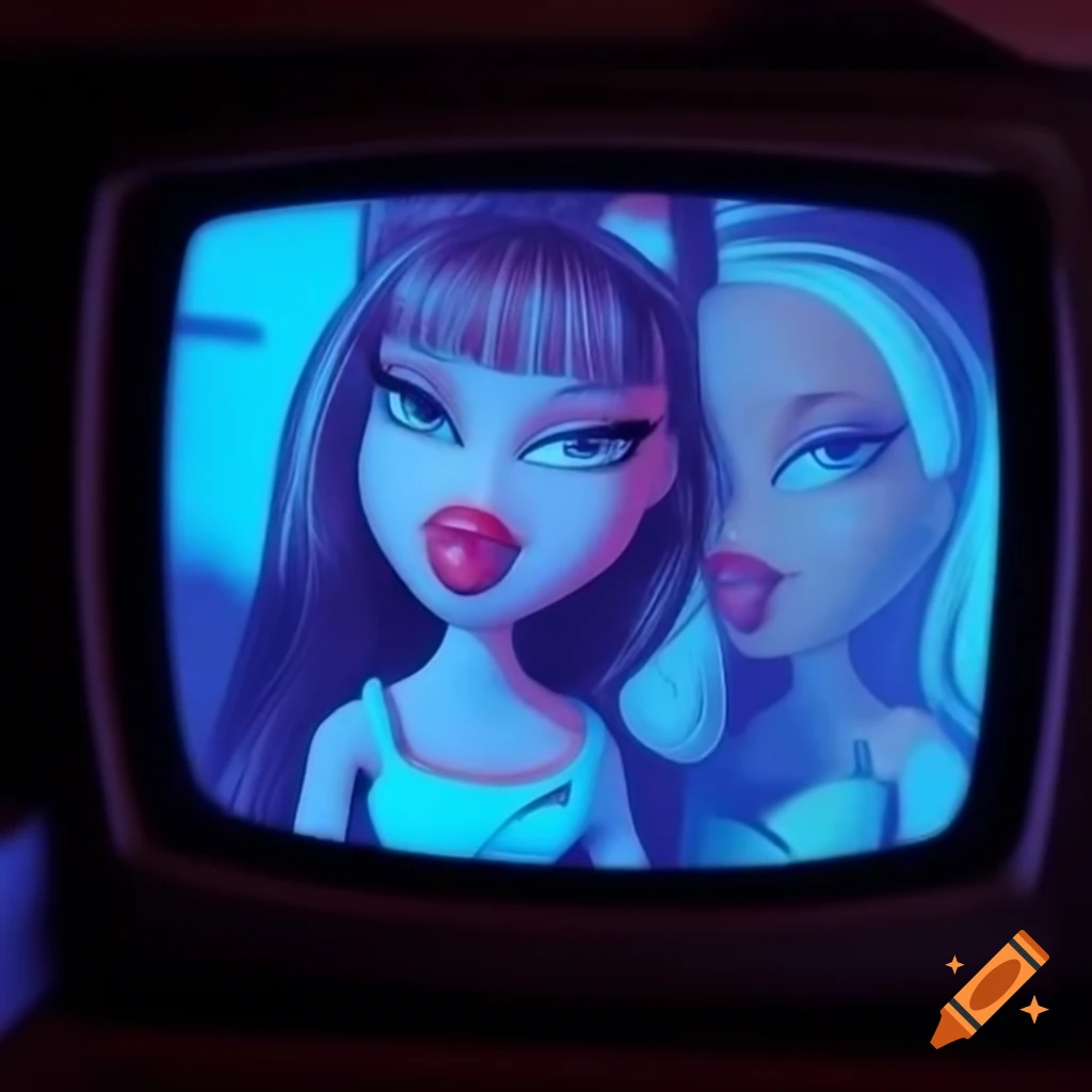 Bratz dolls in TV box with vintage blue filter, y2k aesthetic on Craiyon