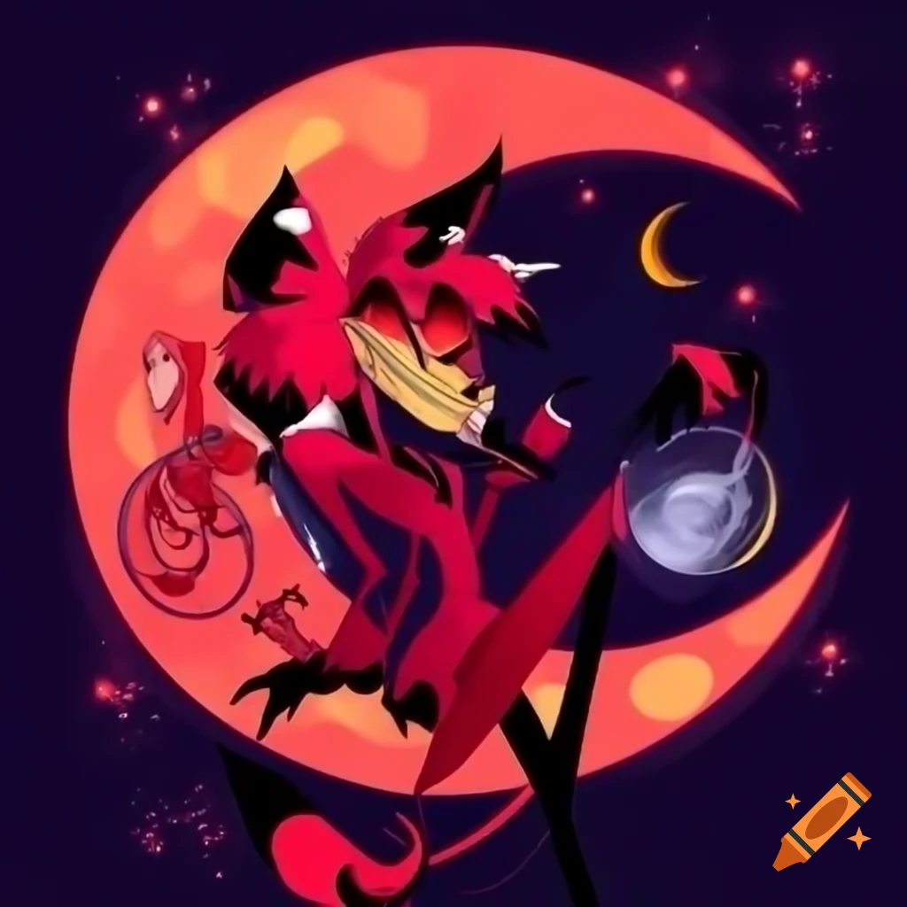 Alastor from Hazbin Hotel sitting on crescent moon singing on Craiyon