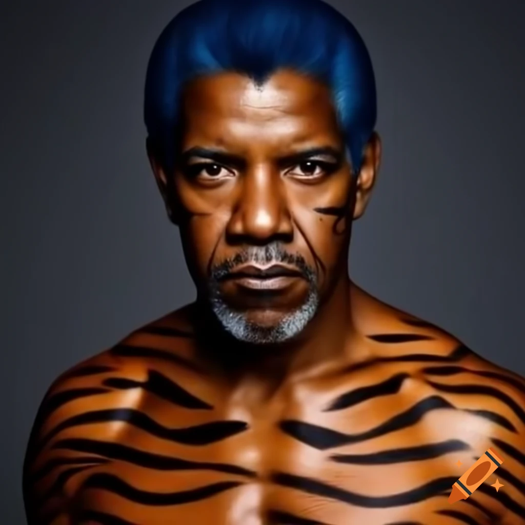Muscular man with tiger-style makeup featuring blue hair and orange ...