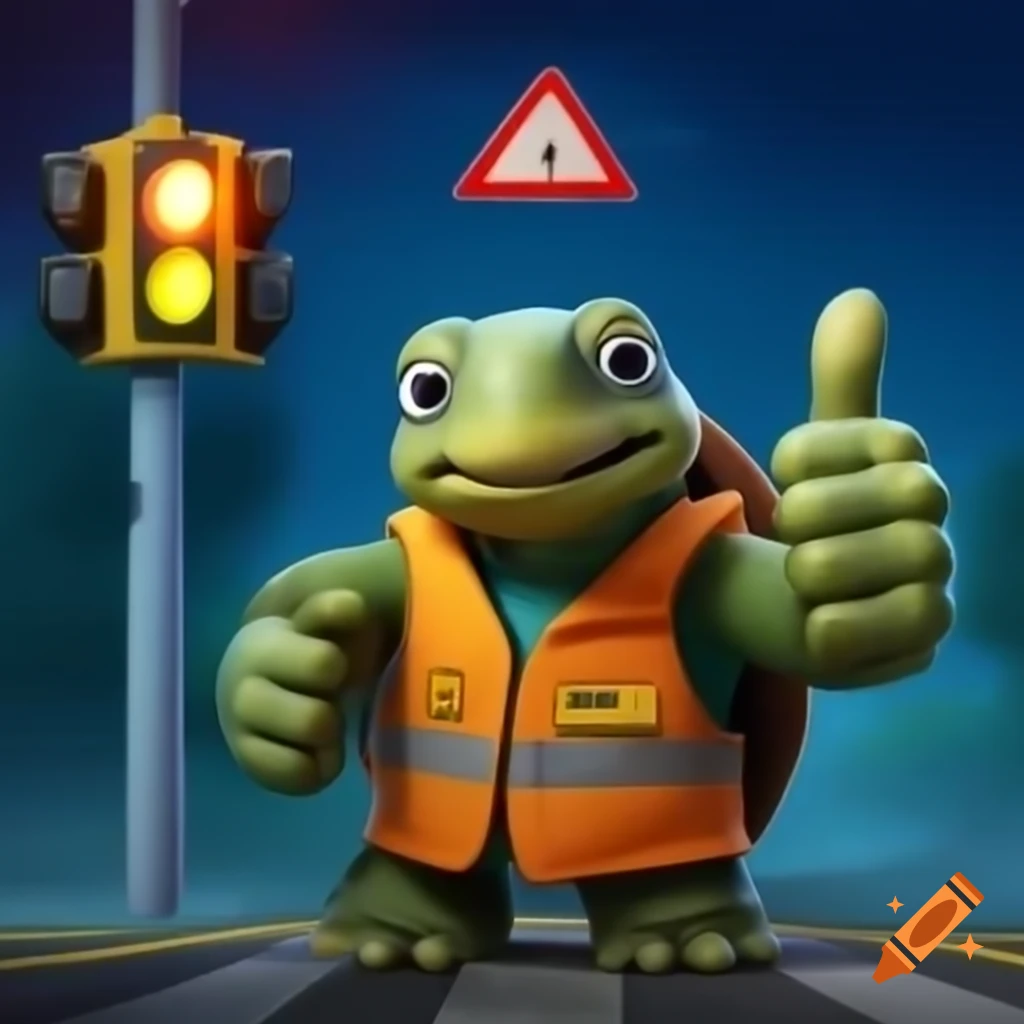 Cartoon turtle in safety uniform giving thumbs up at traffic light on ...