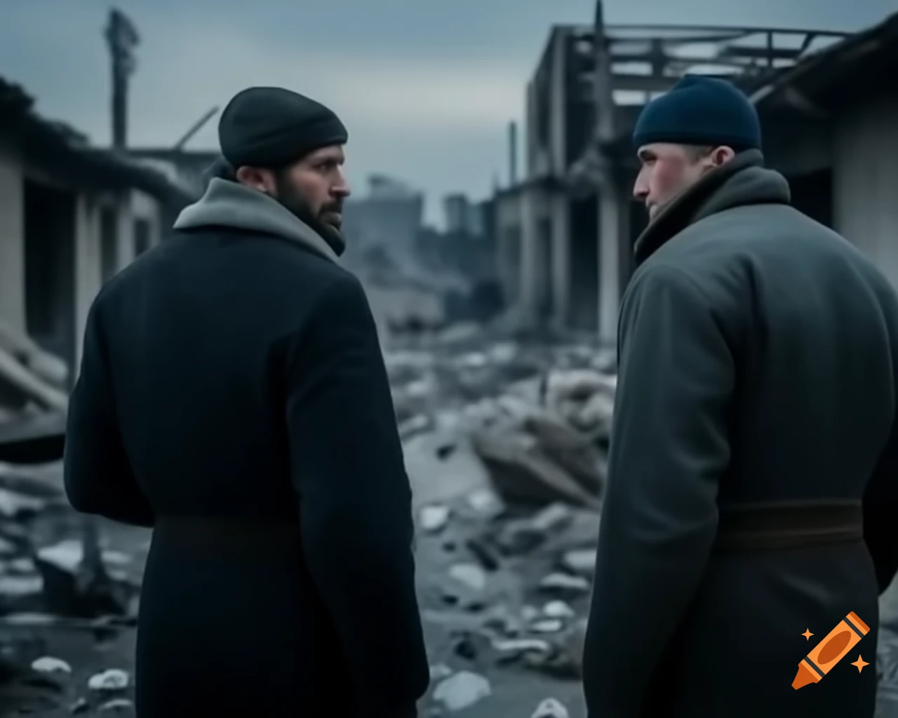 Two men conversing in a war-torn village during World War II on Craiyon