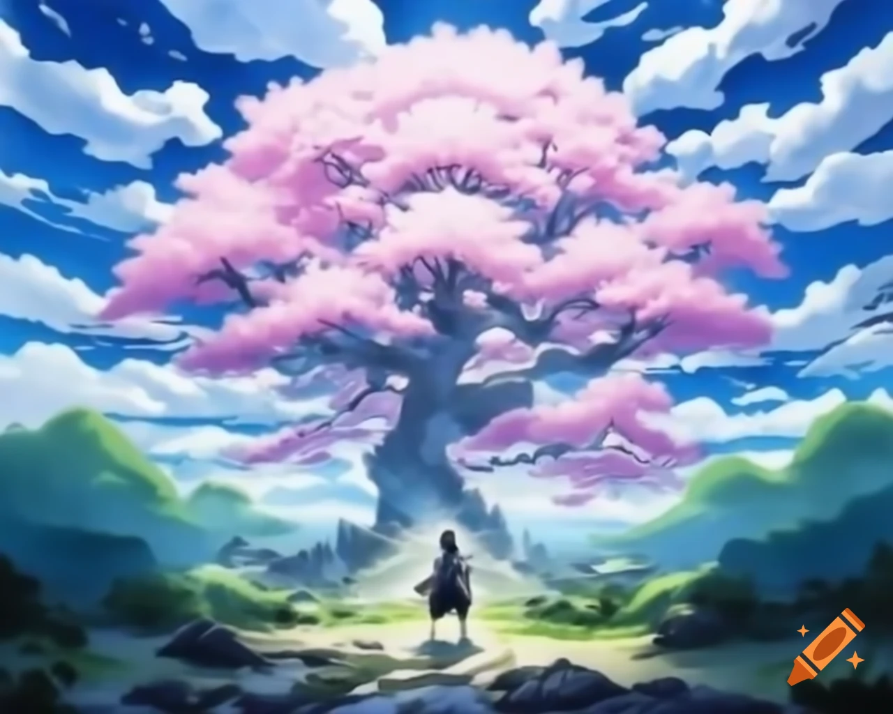 Dramatic anime illustration of a ninja beneath a cherry bonsai tree on ...