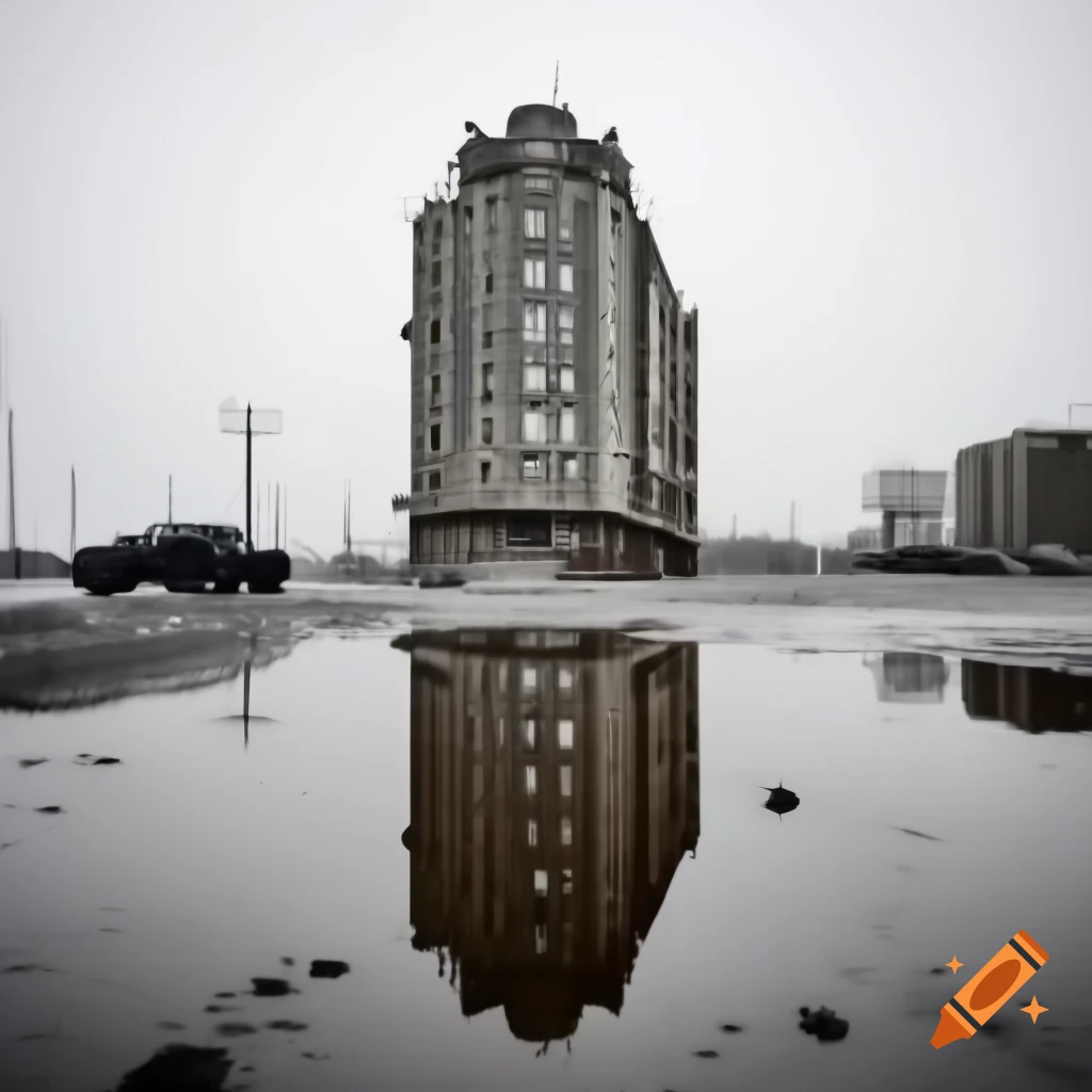 Isolated building surrounded by snow and puddles under grey sky on Craiyon