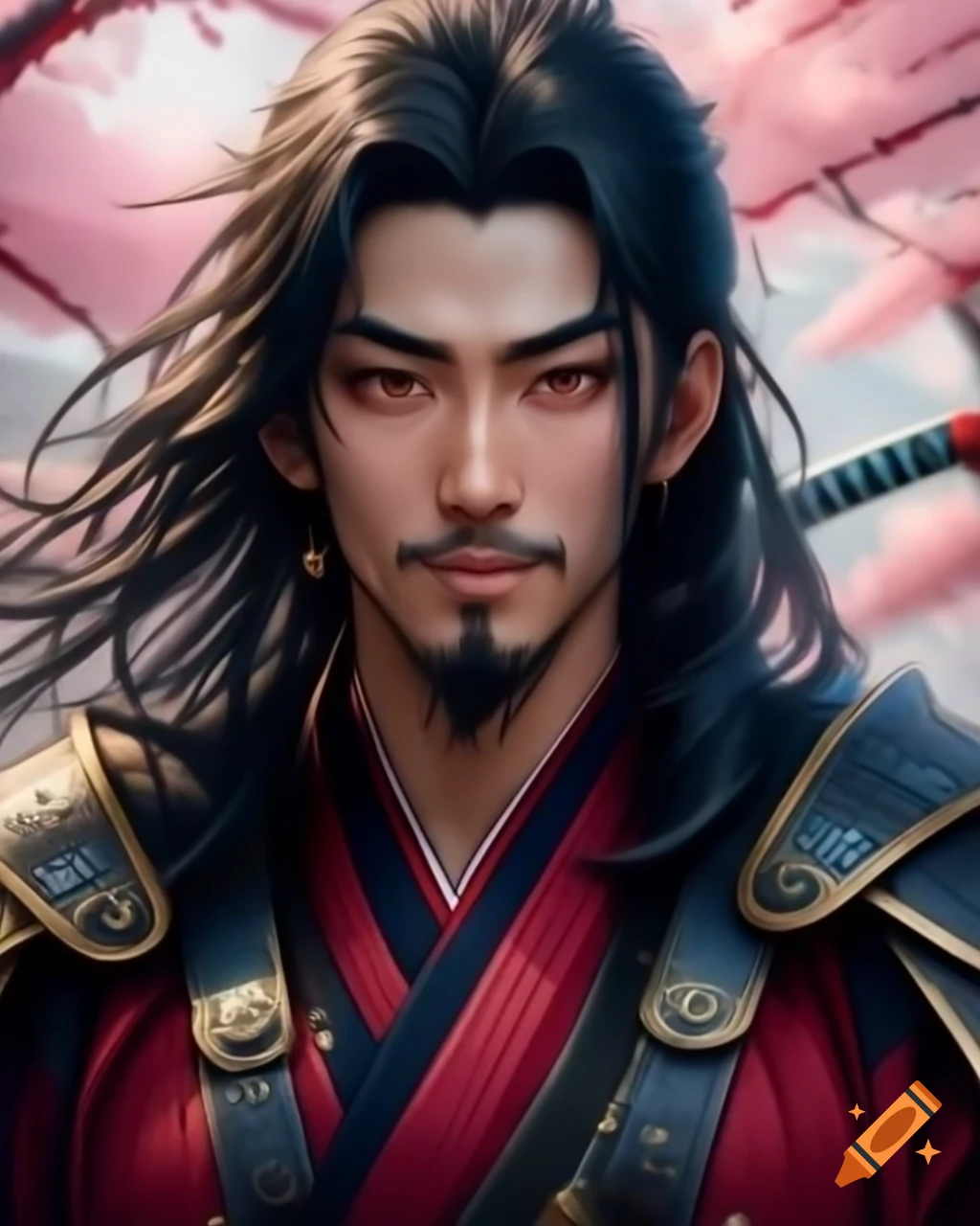 Samurai in armor with flowery katana surrounded by Sakura trees on Craiyon