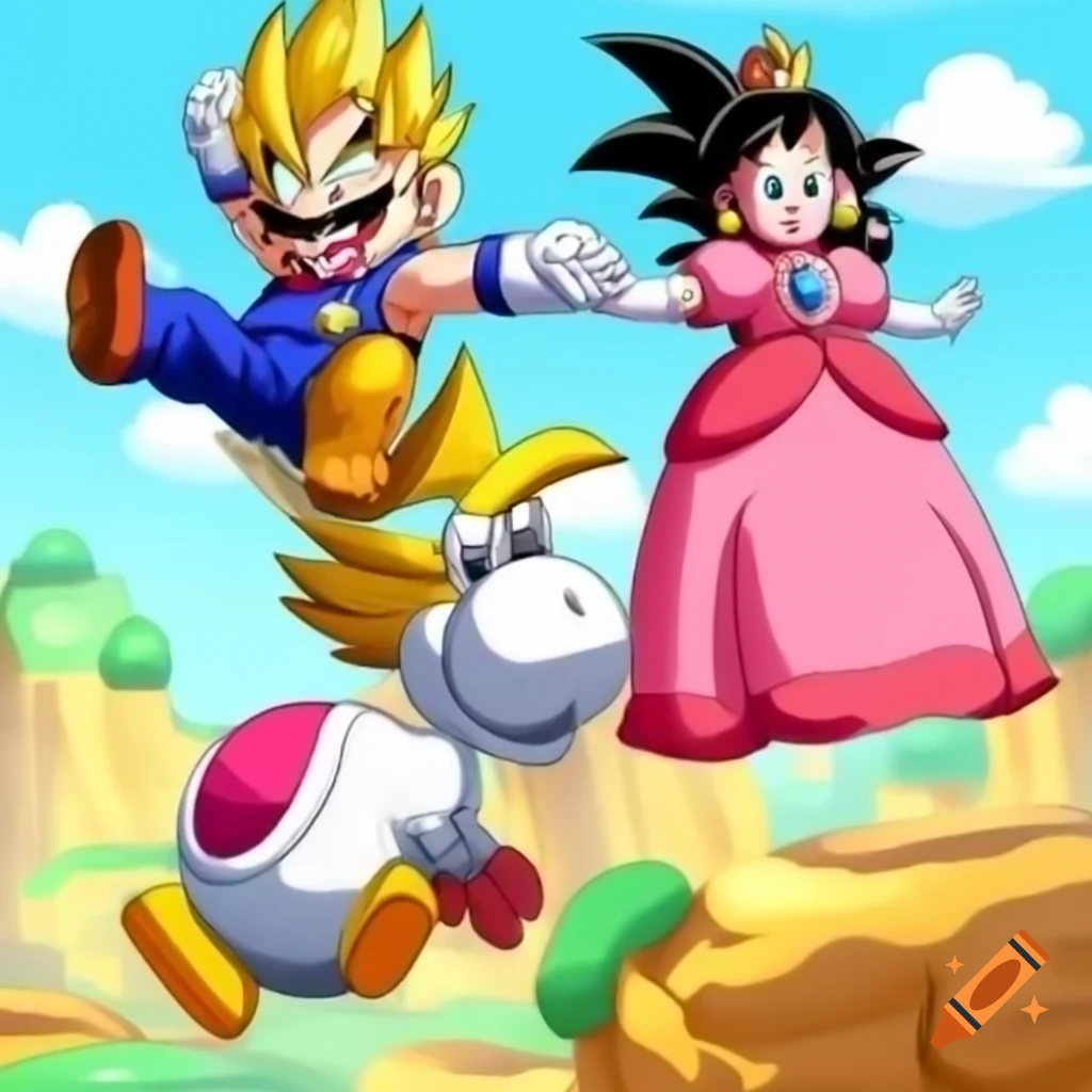 Goku and Princess Peach riding Yoshi while Mario chases them on Craiyon