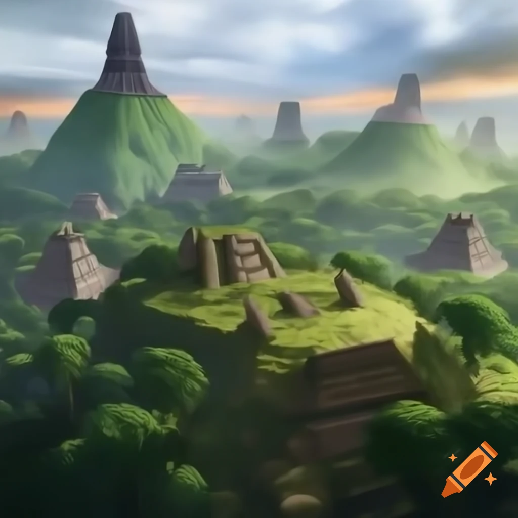 Overhead view of Coatepec Hill with lush forest and Aztec pyramid ...