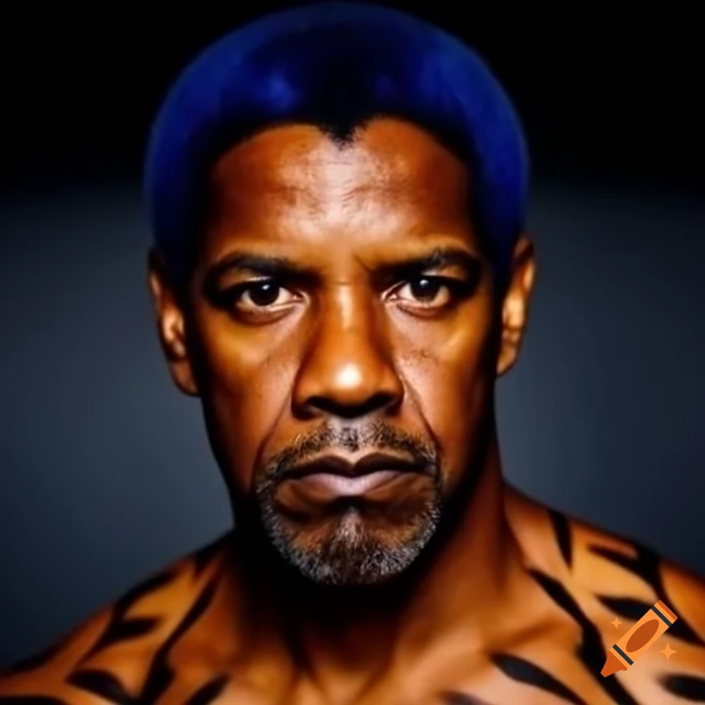 Denzel Washington with tiger-style makeup, blue hair, and black stripes ...