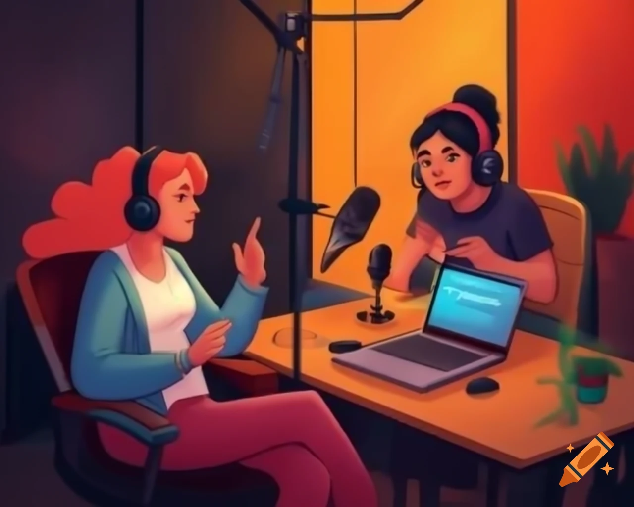 Two people recording a podcast in a cozy modern studio on Craiyon