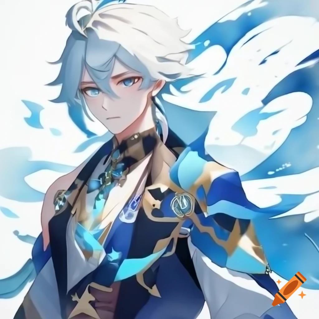 Male Water Archon in Genshin Impact style with short white and blue ...