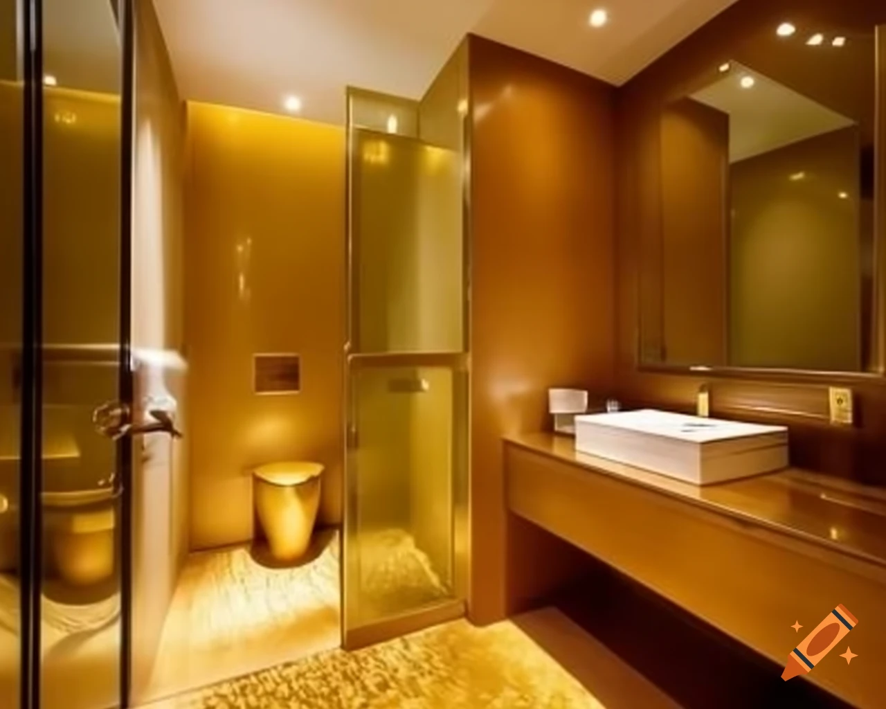 Luxurious golden bathroom with gold fixtures and dramatic lighting on ...