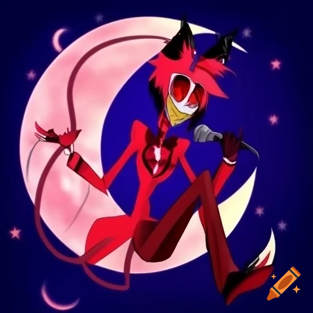 Alastor from Hazbin Hotel sitting on crescent moon singing into ...