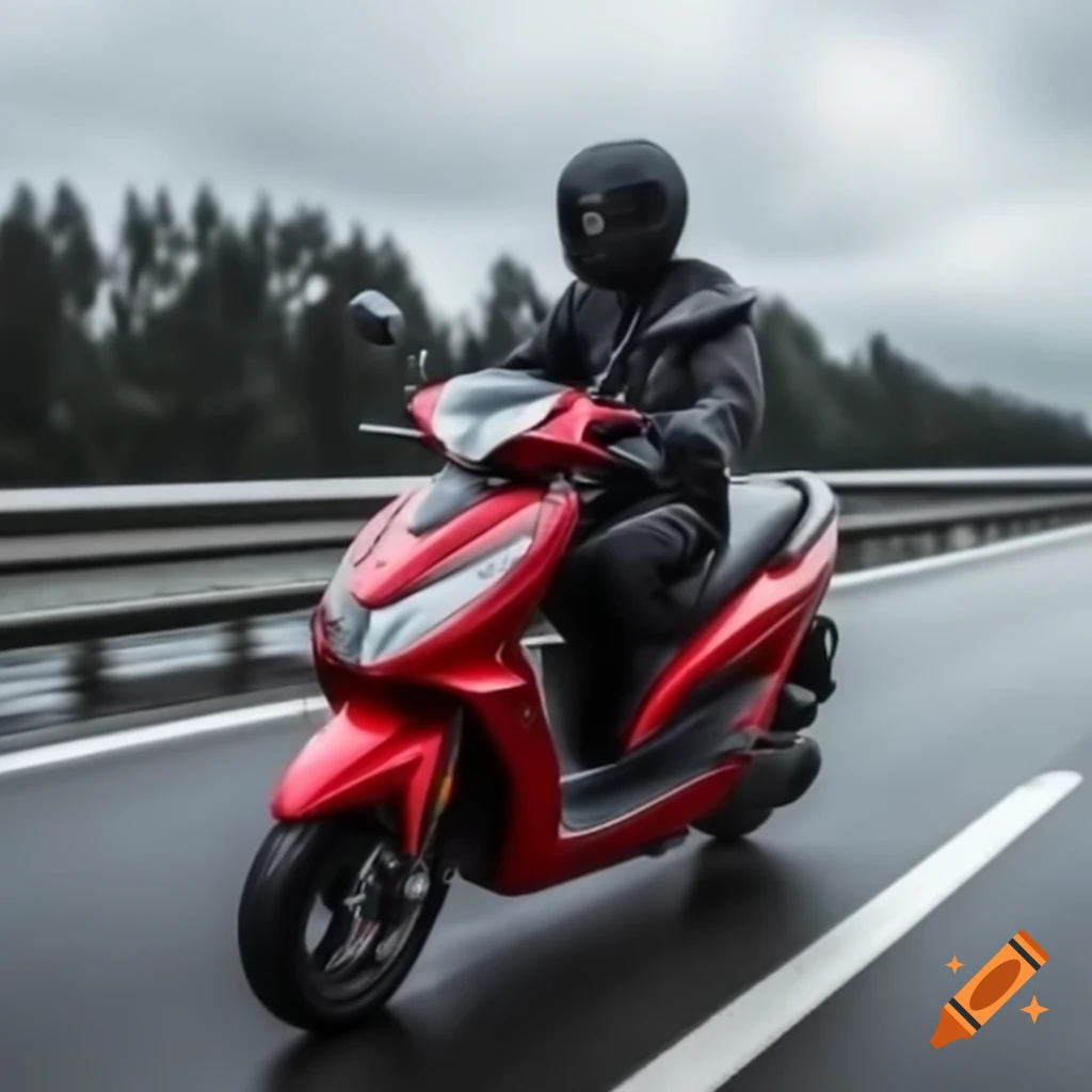 Red scooter riding on highway with water on both sides during rain on ...