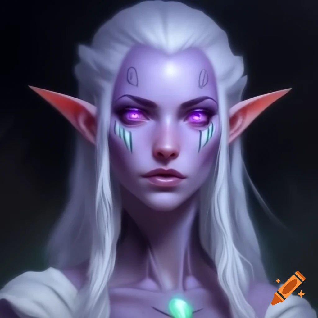 Highly detailed realistic fantasy elf woman with purple eyes and white ...