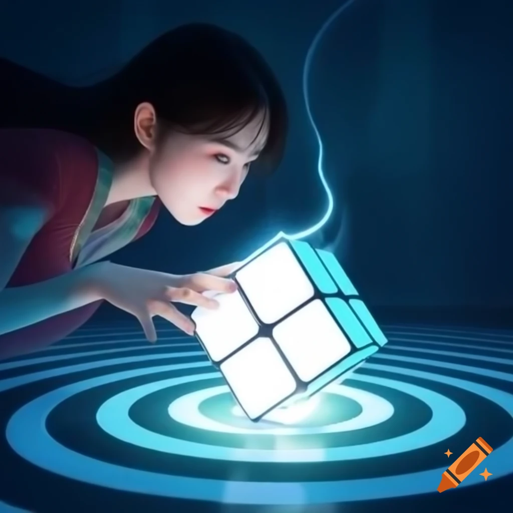 Young Asian woman opening a magic cube with flowing white soul and ...
