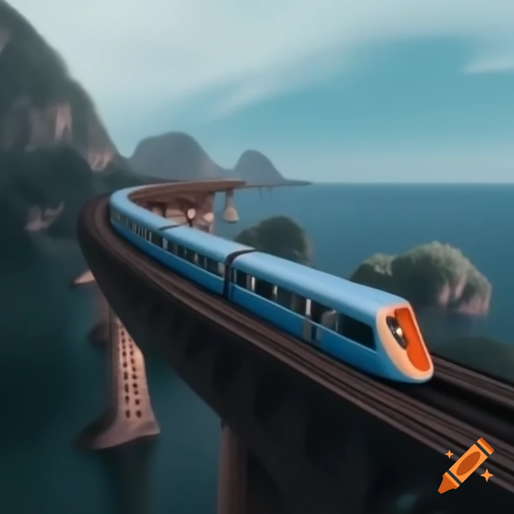 Indigo Bullet train with turquoise sea and retro futuristic elements on ...