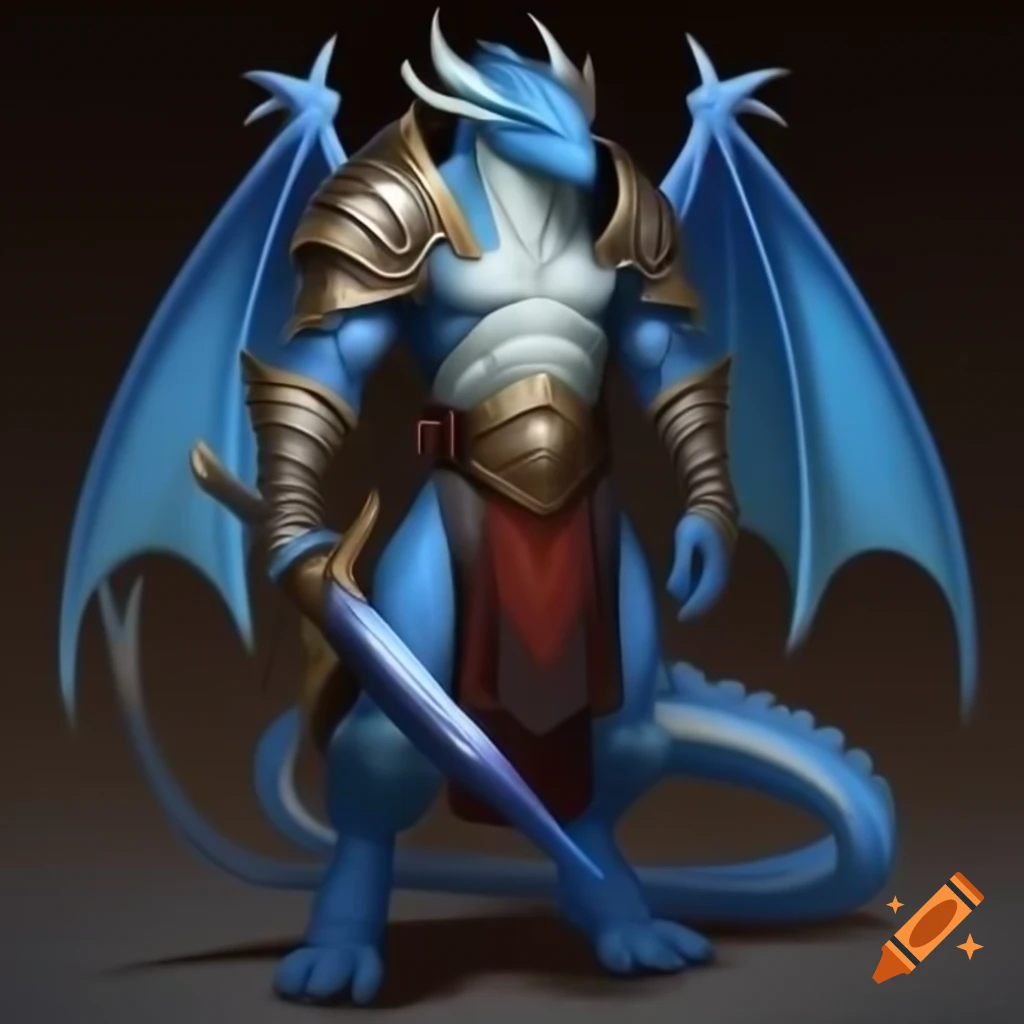 D&D Blue Dragonborn Paladin in white armor with gold trim on Craiyon