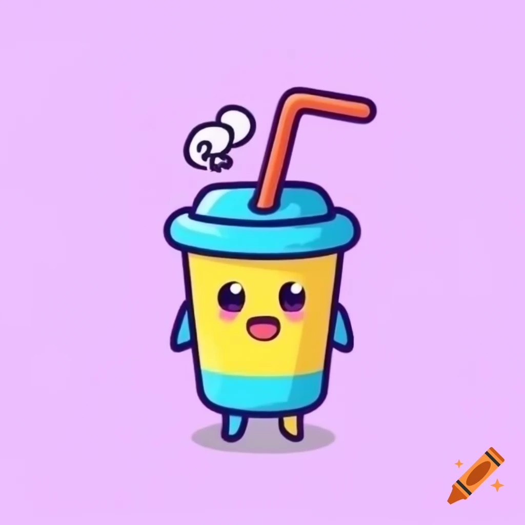 Cute cartoon cup with straw, depicted in a thoughtful pose on Craiyon