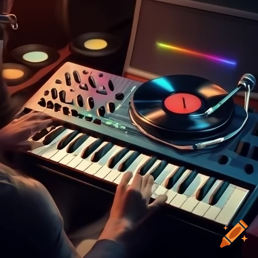 Musician playing keyboard synthesizer and vinyl player in lively club ...