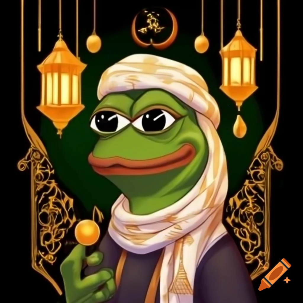 Cartoon portrait of Pepe the Frog in Arabic attire with henna patterns ...