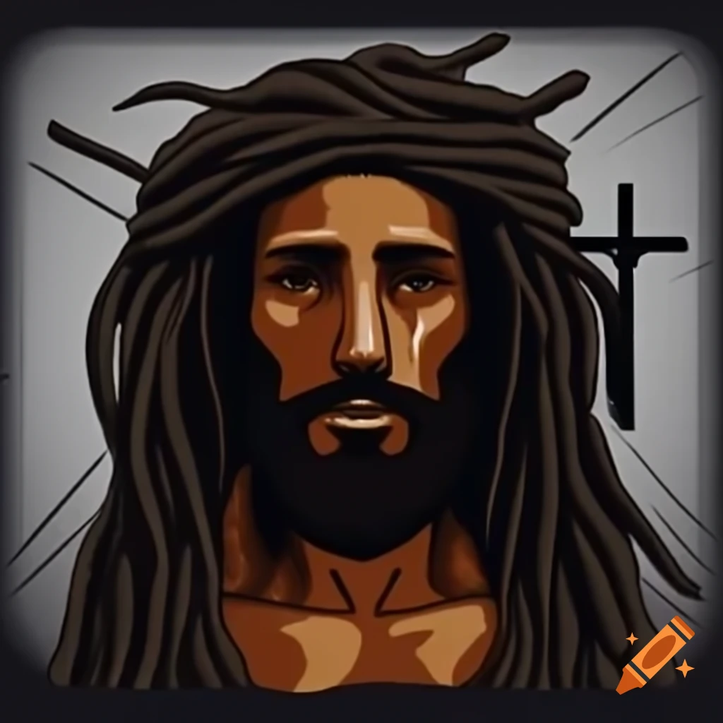 Crucifixion scene featuring a Black Jesus with dreadlocks on Craiyon