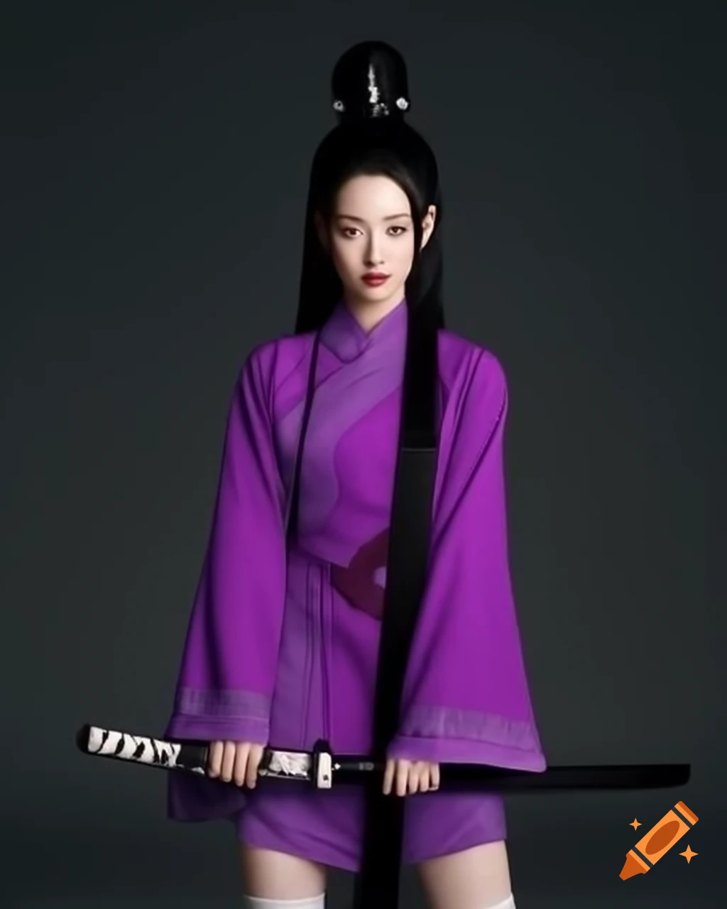 Young woman in purple Chinese suit holding katana, full body shot on ...