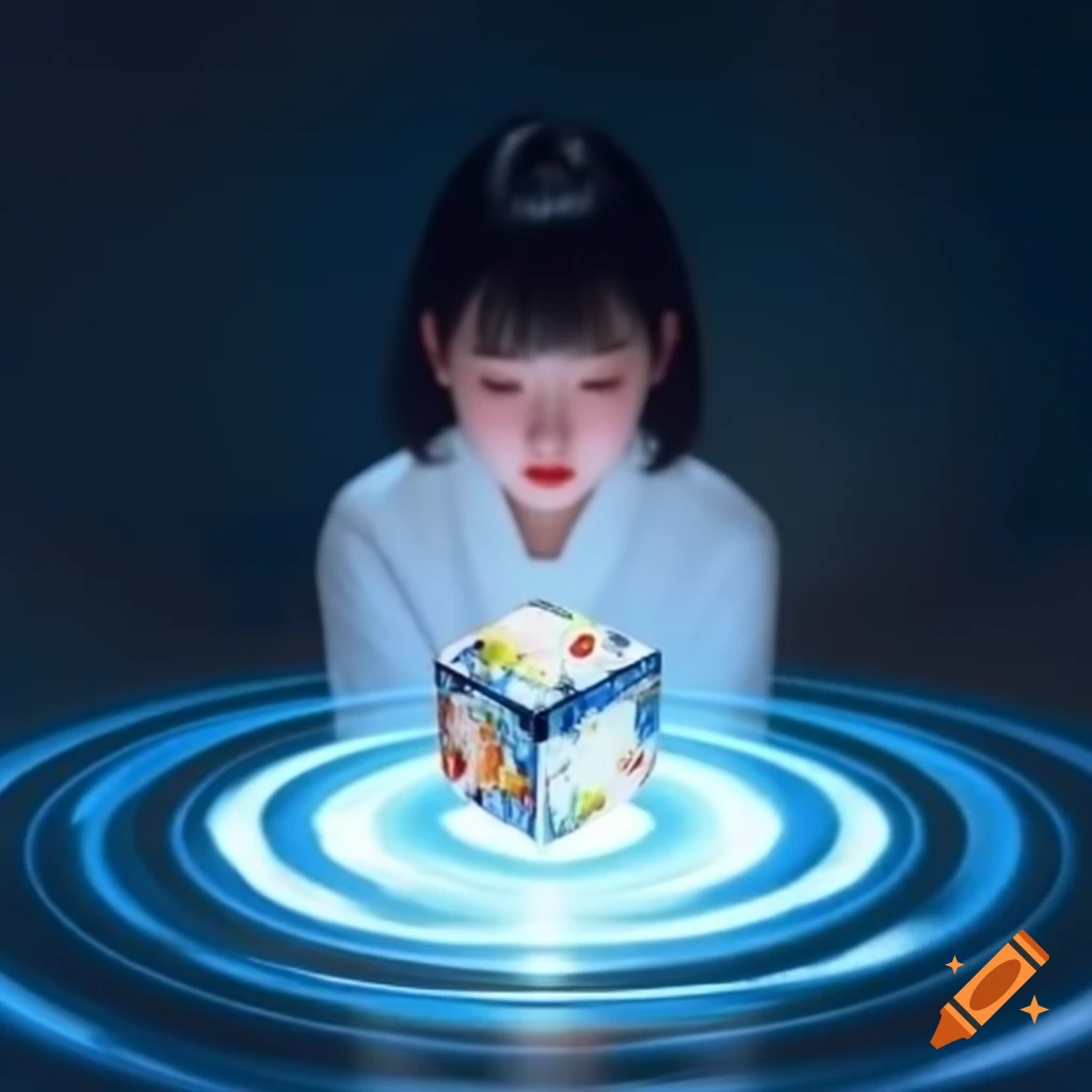Young Asian woman opening magic cube with white soul flowing, illusion mirror background on Craiyon