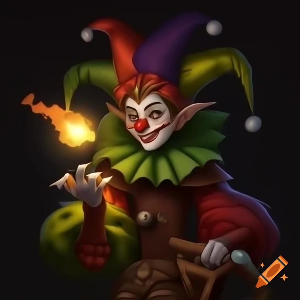Jester with four pointed hat under light beam, retrieving toy anvil ...