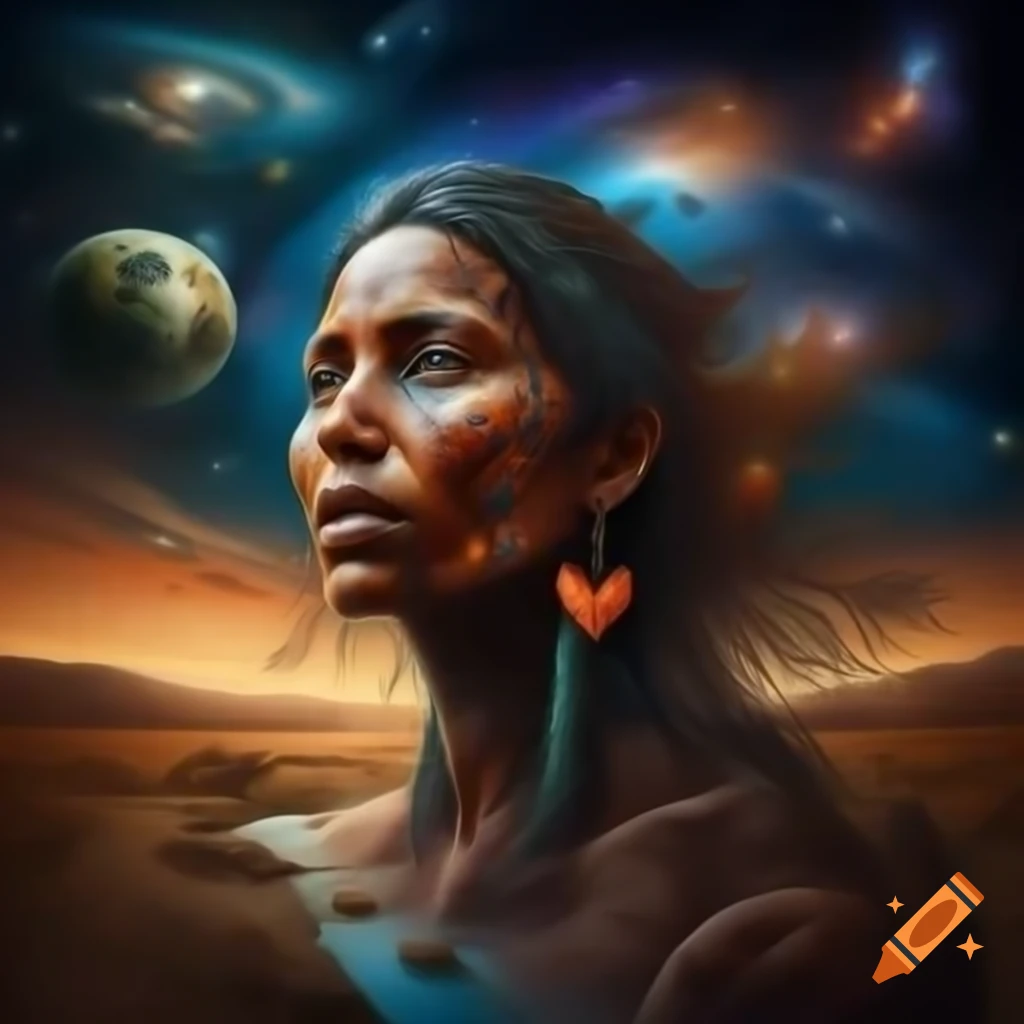 Surreal sky with galaxies and portrait of native aboriginal woman ...