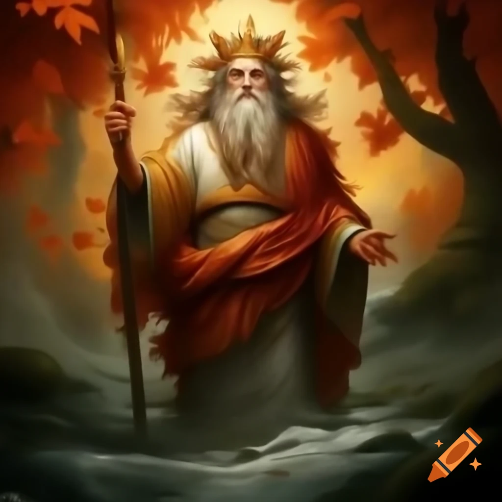 Majestic figure resembling Greek deity in amber and gold robes with ...