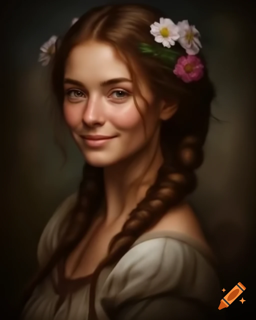 Realistic portrait of medieval peasant woman with flowers in hair and ...