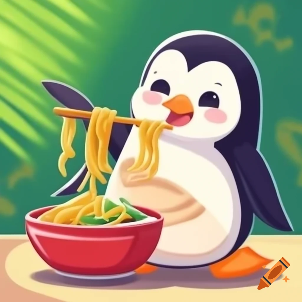Baby penguin eating Thai noodles on Craiyon