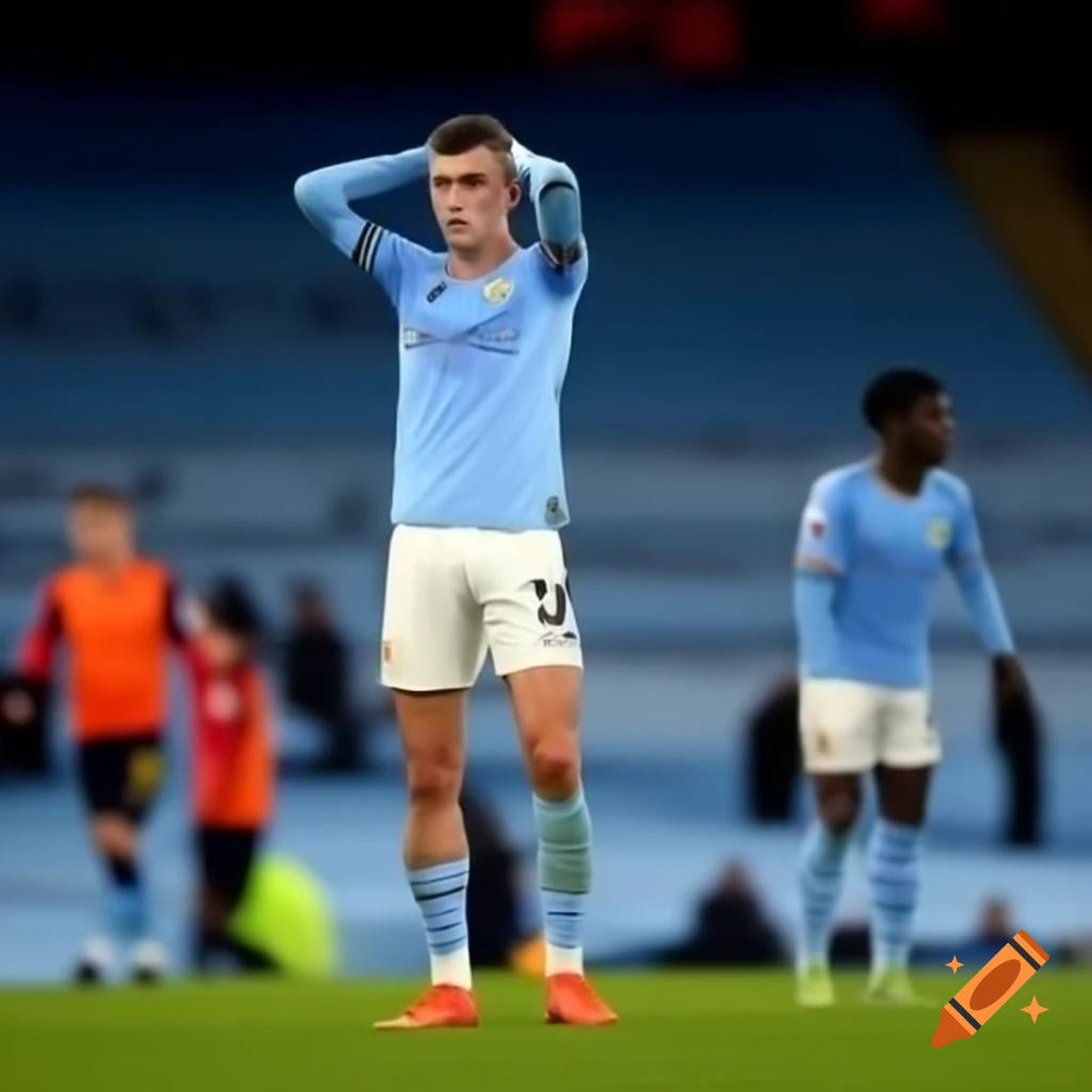 Young Phil Foden looking dejected on the Etihad pitch after a loss on ...