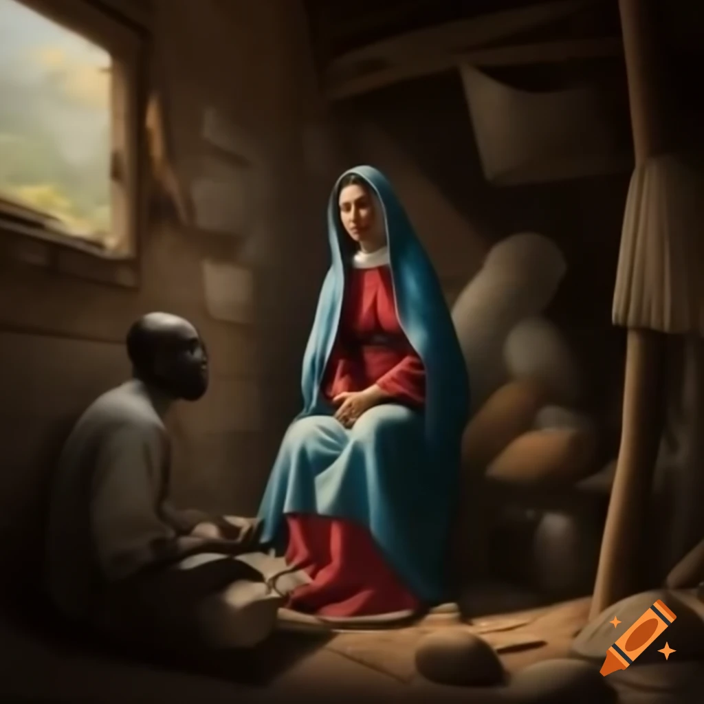 Virgin Mary depicted in a village scene with a man in a hut on Craiyon