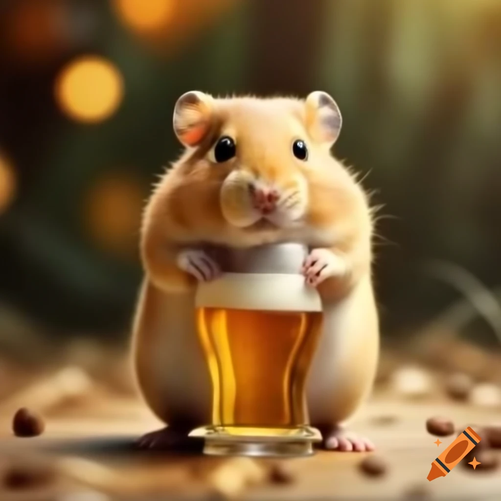 Hamster interacting with a beer, playful and whimsical scene on Craiyon