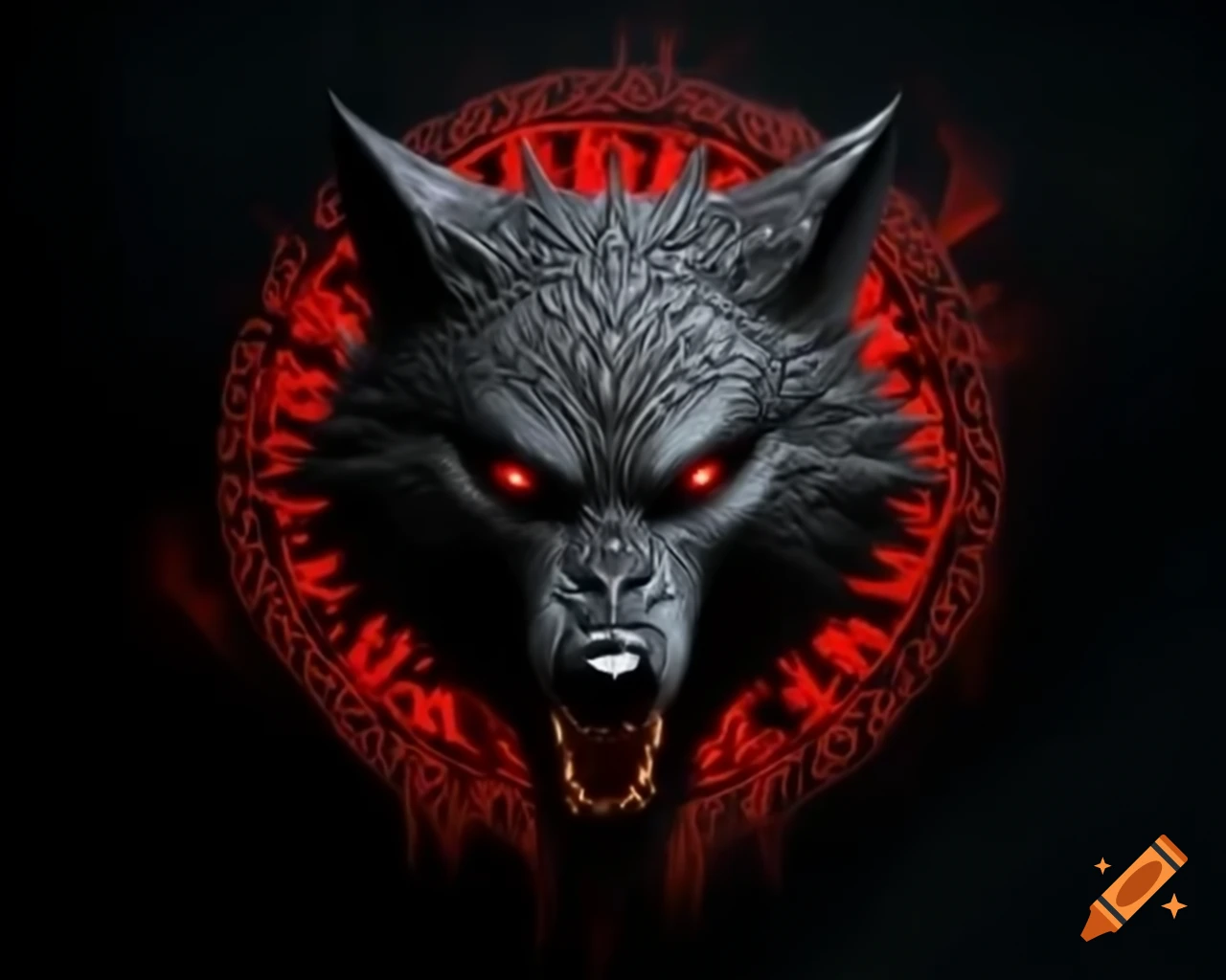 Shadowy black wolf head logo with glowing red eyes and Viking patterns on Craiyon