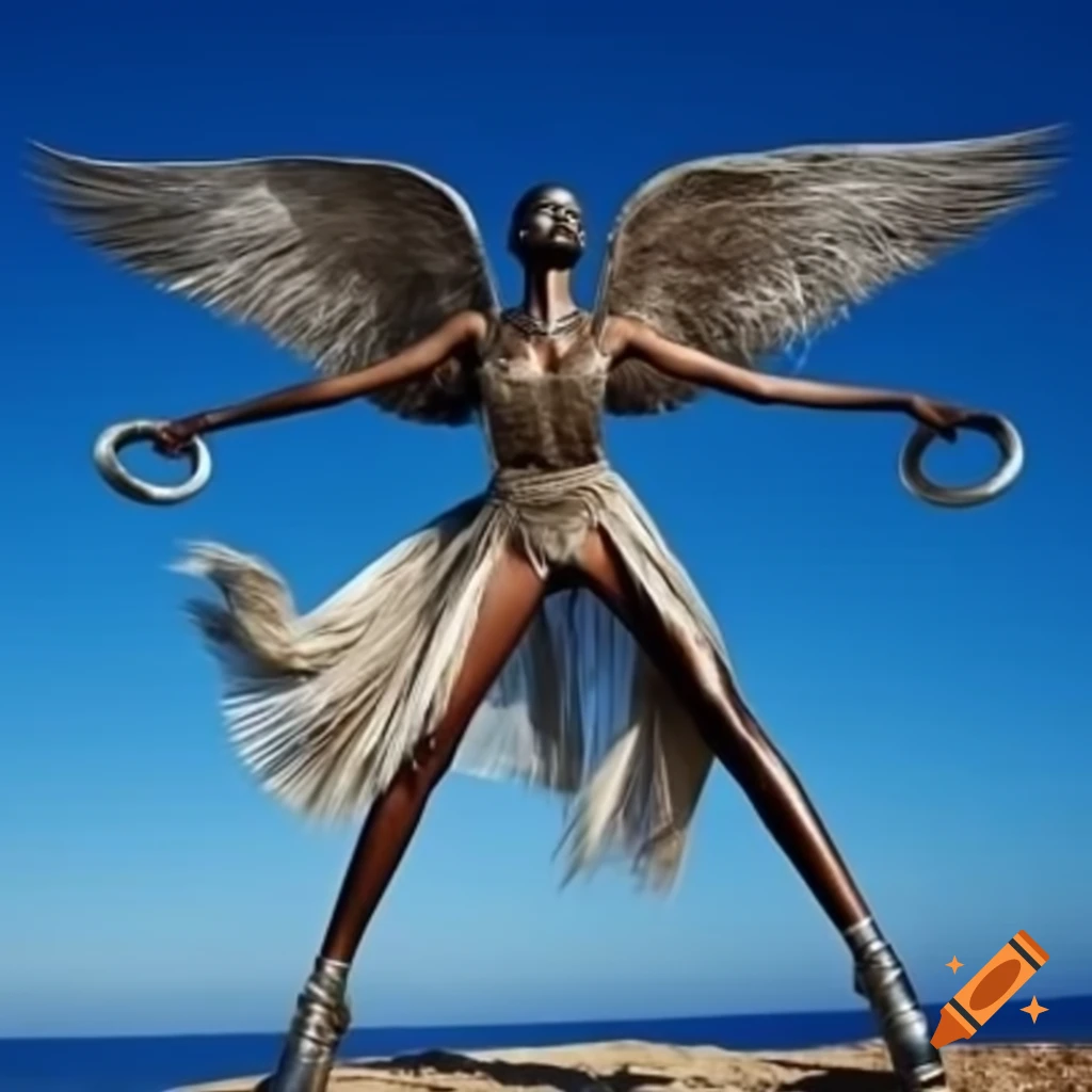 Supermodel with metallic features flying near Mediterranean seaside and ...