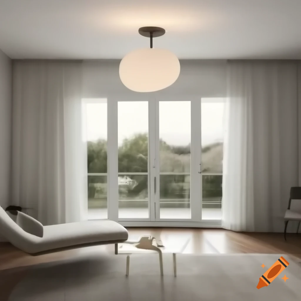 Interior scene with two-point perspective, window, door, ceiling light ...