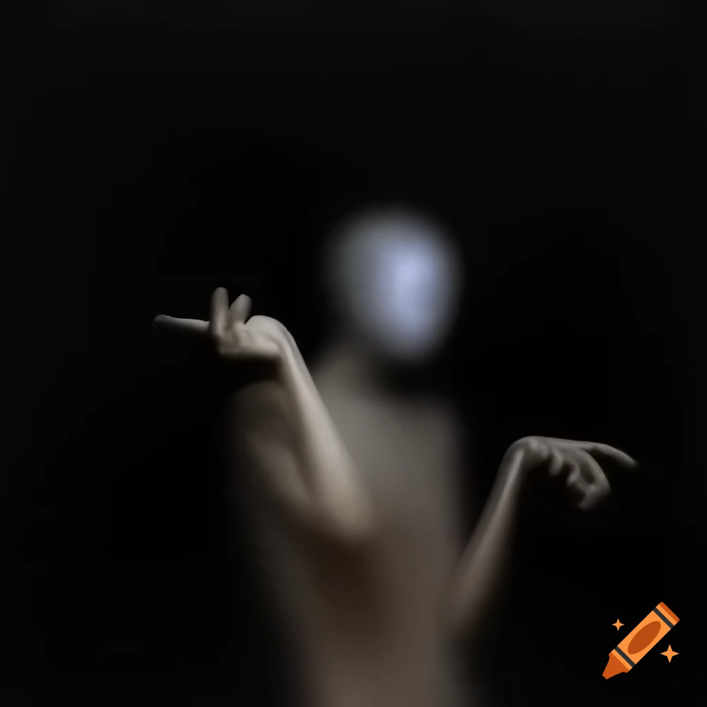 Distorted human figure with elongated limbs and white-covered face on ...