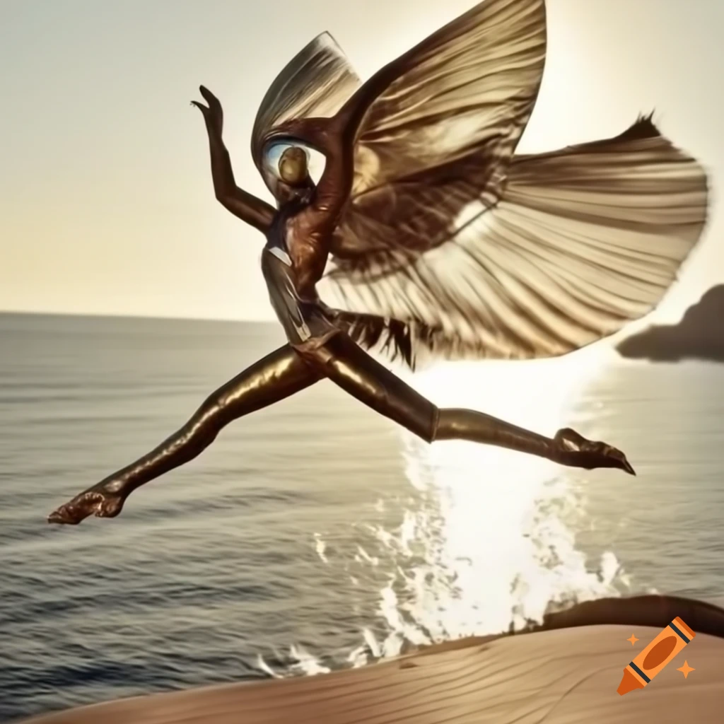 Supermodel with metallic wings and helmet flying near majestic ...