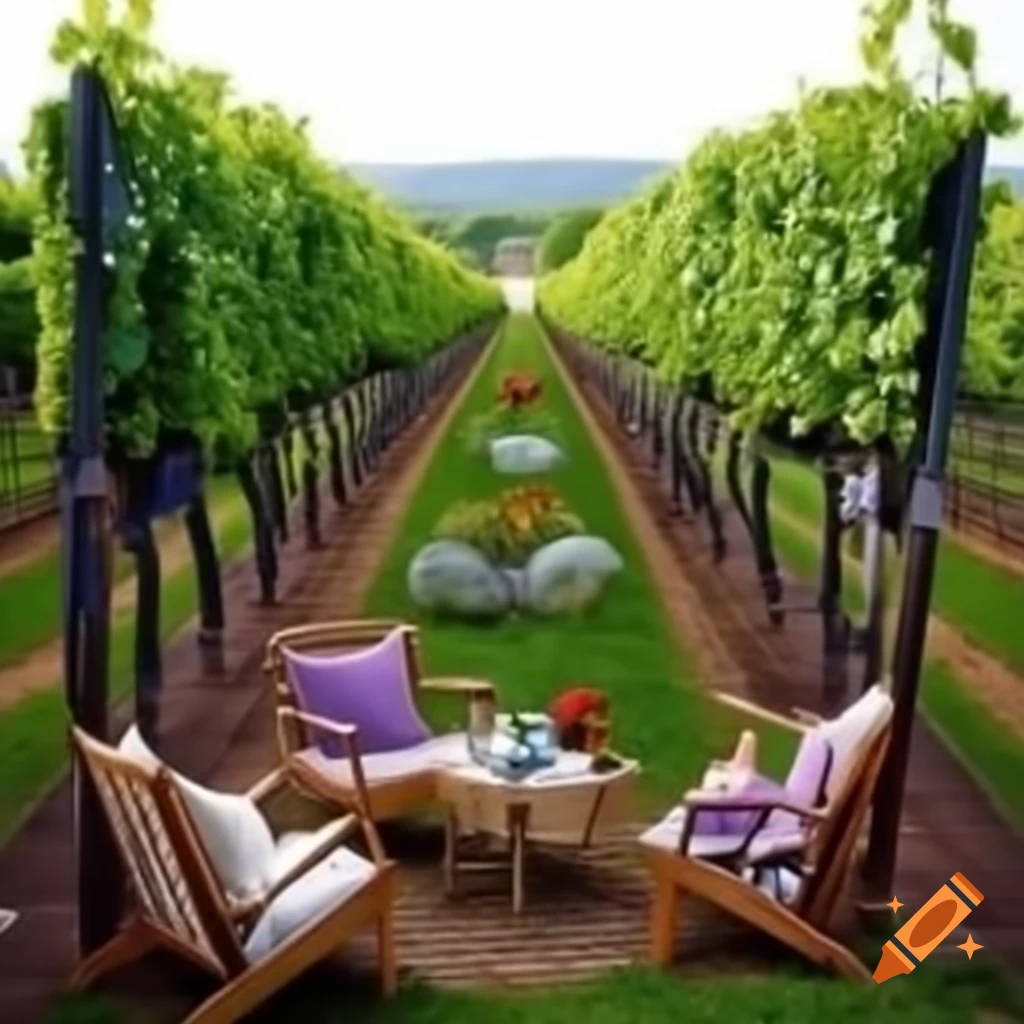 Vineyard-inspired garden with grapevines and rustic wine-tasting area ...